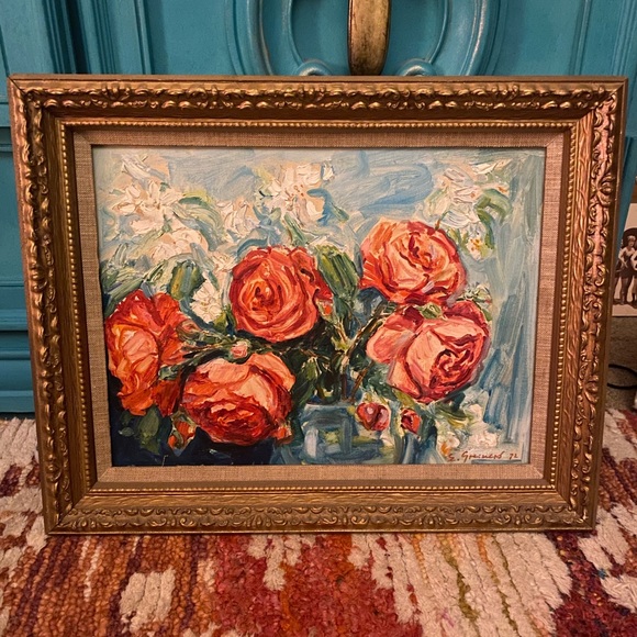 Vintage | Art | Vintage Signed And Framed Pink Roses White Flowers Oil ...